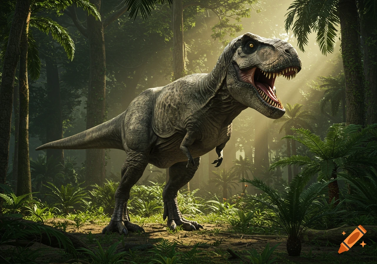Photorealistic Tyrannosaurus rex standing in a sunny forest on Craiyon