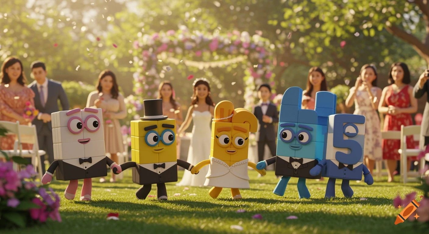 Block characters in wedding outfits walk down an aisle in a garden on ...