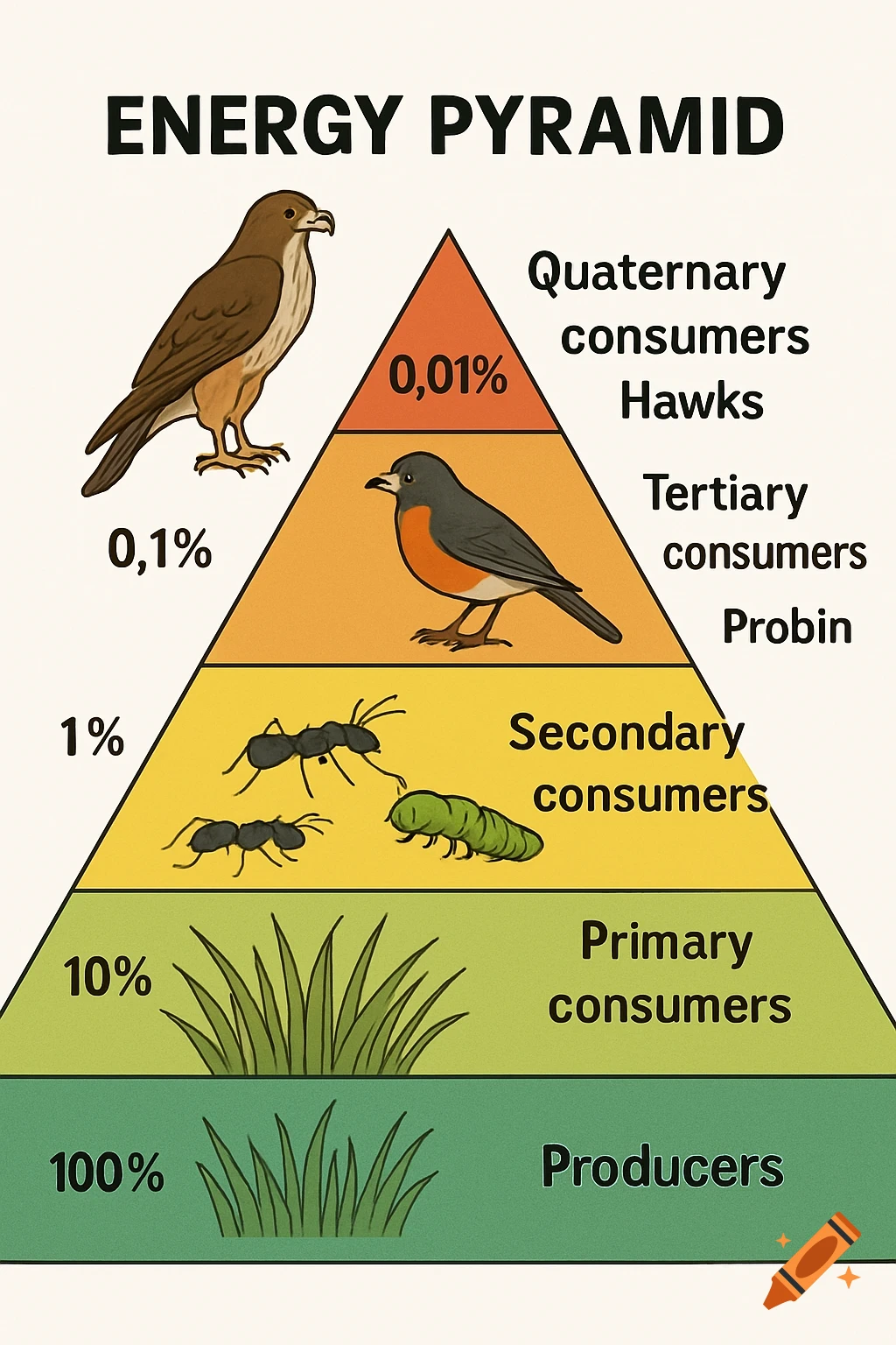 Illustration of an energy pyramid diagram showing trophic levels with ...