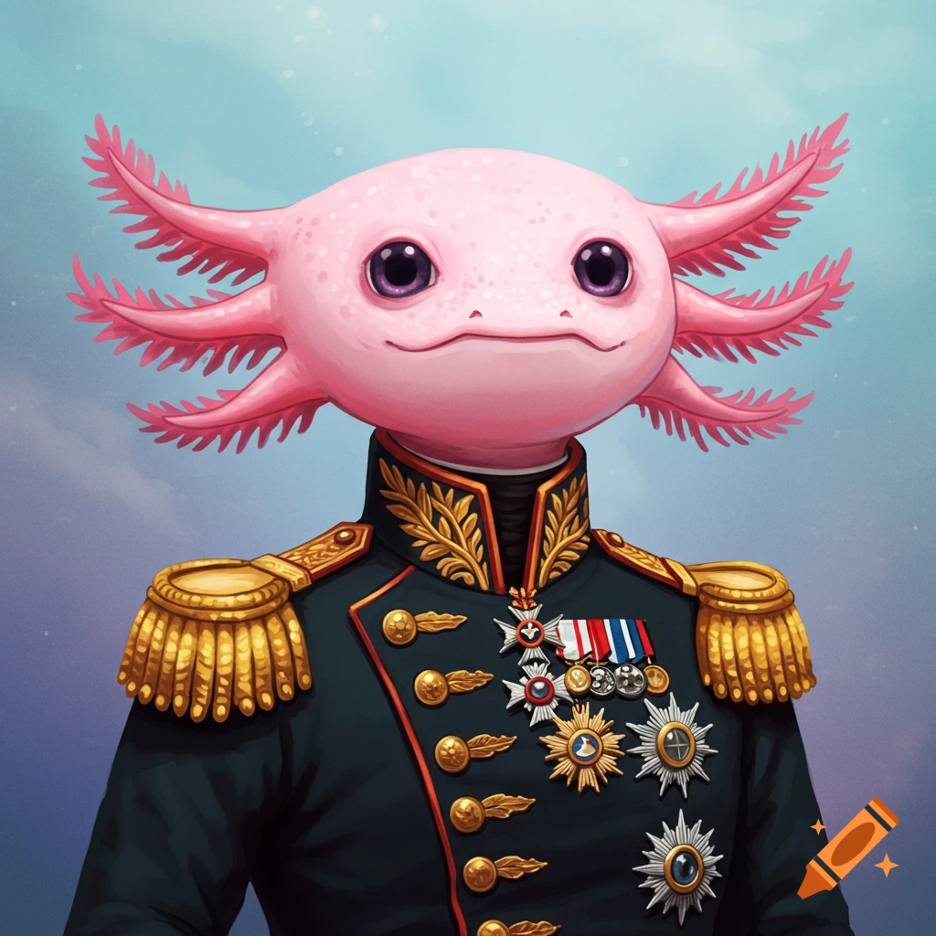 An axolotl wearing a military uniform with medals. on Craiyon