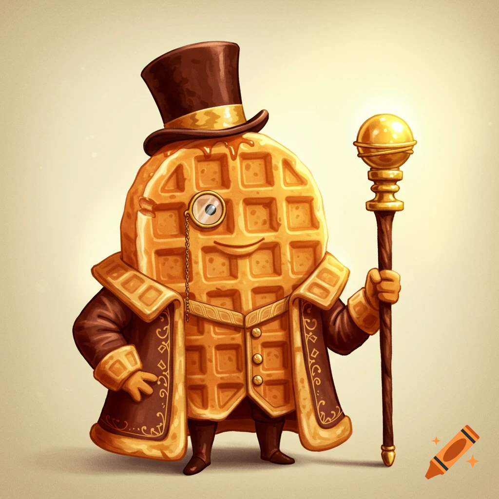 Cartoon illustration of a waffle character wearing a top hat, monocle ...