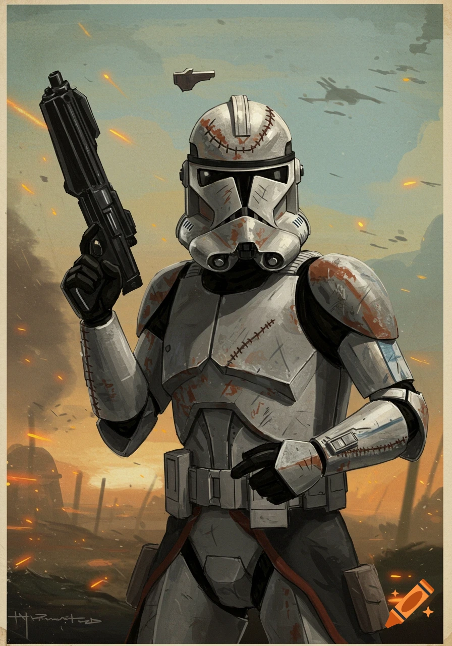 Star Wars clone trooper holding a rifle in a battlefield illustration on Craiyon