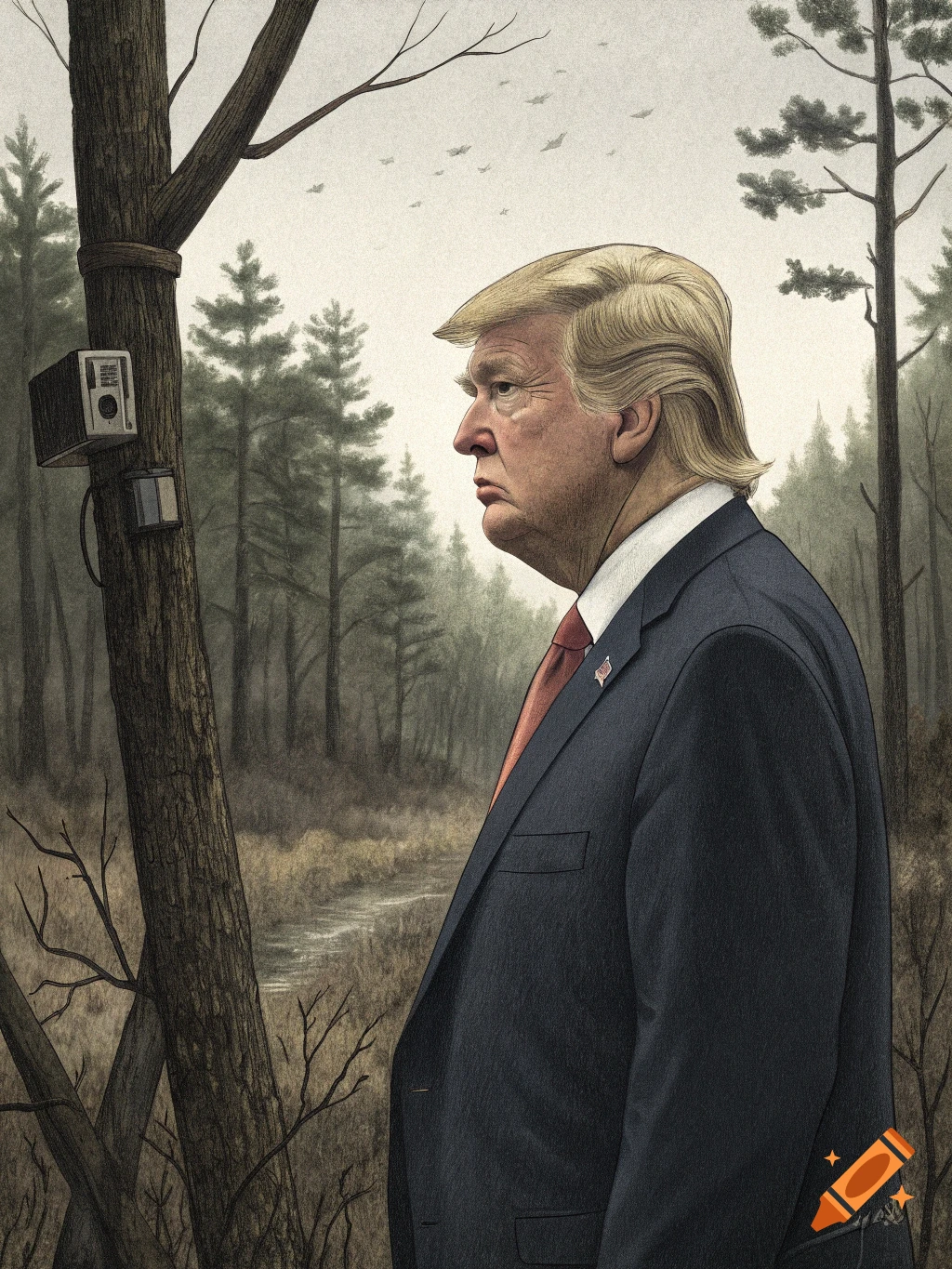 Illustration of Donald Trump standing next to a tree with a trail ...