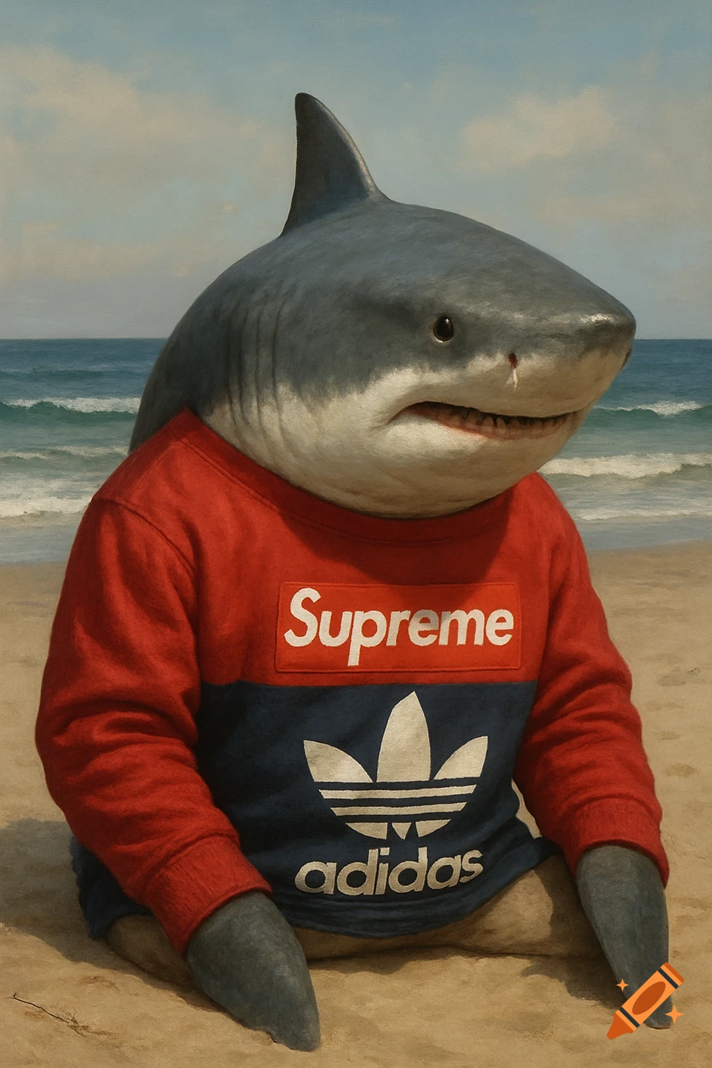 A shark wearing a Supreme and Adidas sweater sits on a beach in a ...