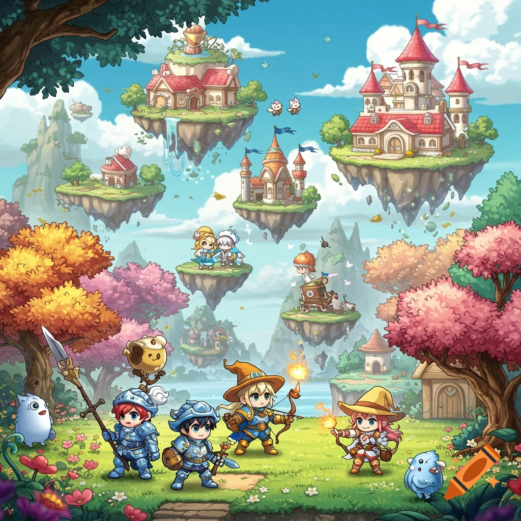 Stylized fantasy scene with floating islands, castles, and anime ...