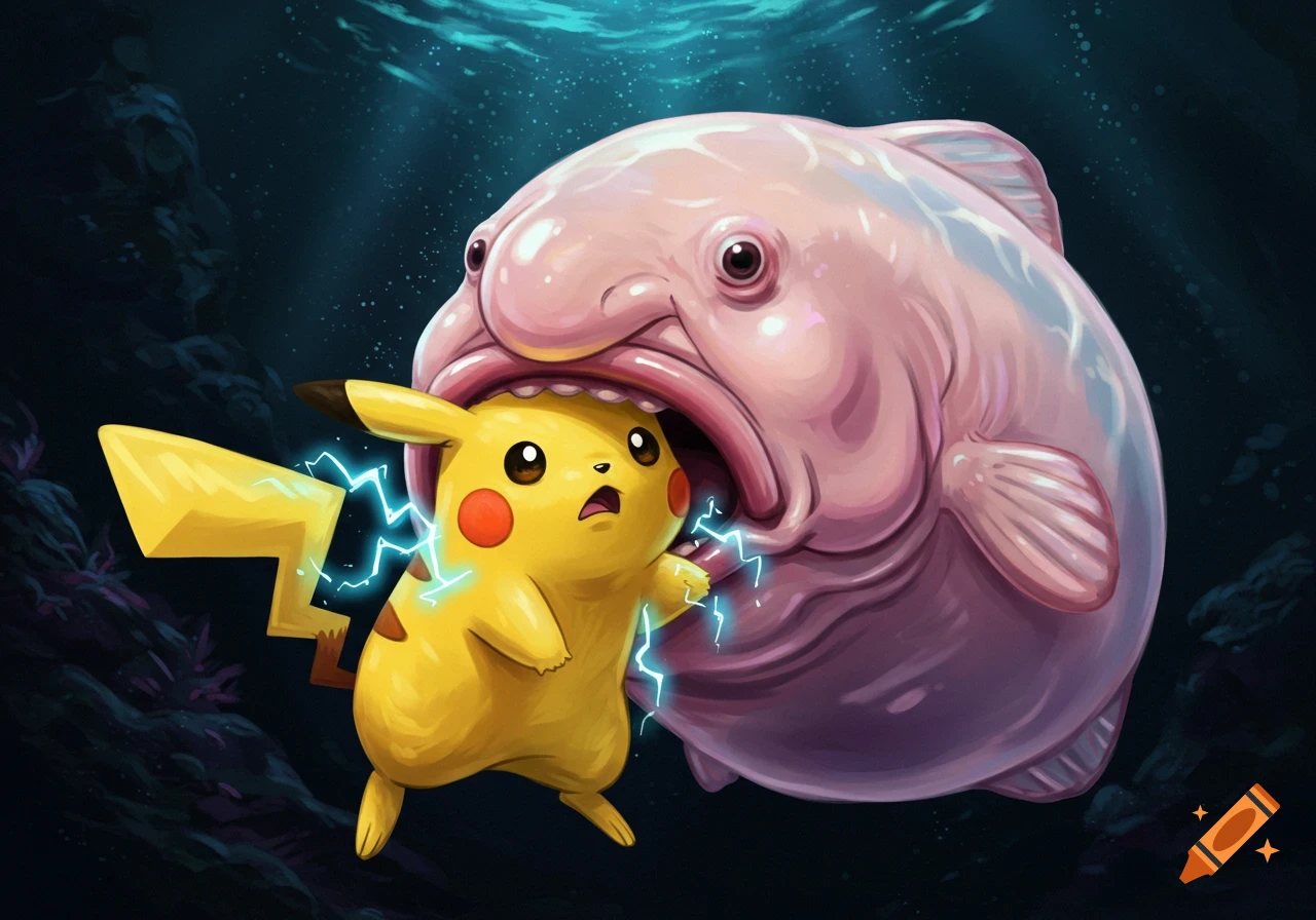 Pikachu is about to be eaten by a giant blobfish underwater. on Craiyon