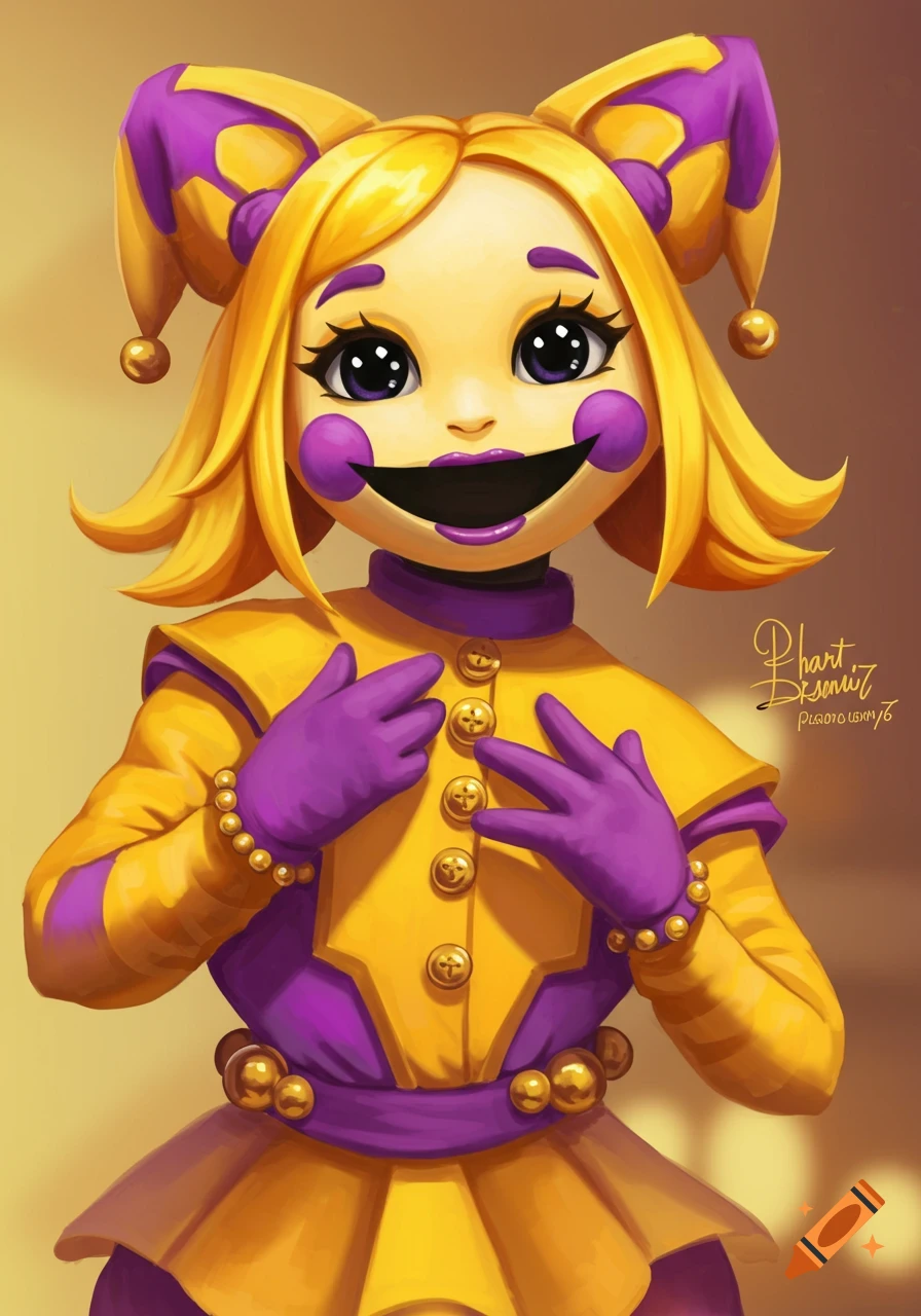 A stylized character resembling a puppet in a yellow and purple jester ...