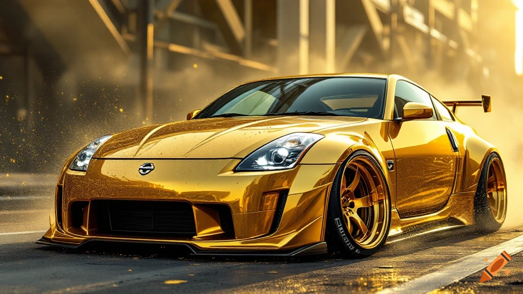 Gold Nissan 350Z sports car on a road with dynamic effects and dramatic ...