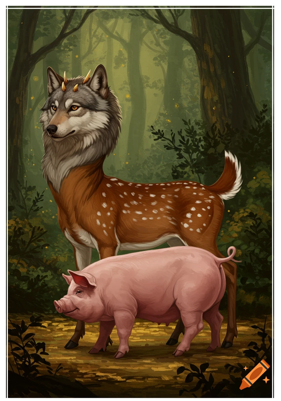 Digital painting of a wolf-deer hybrid standing over a pig in a forest ...