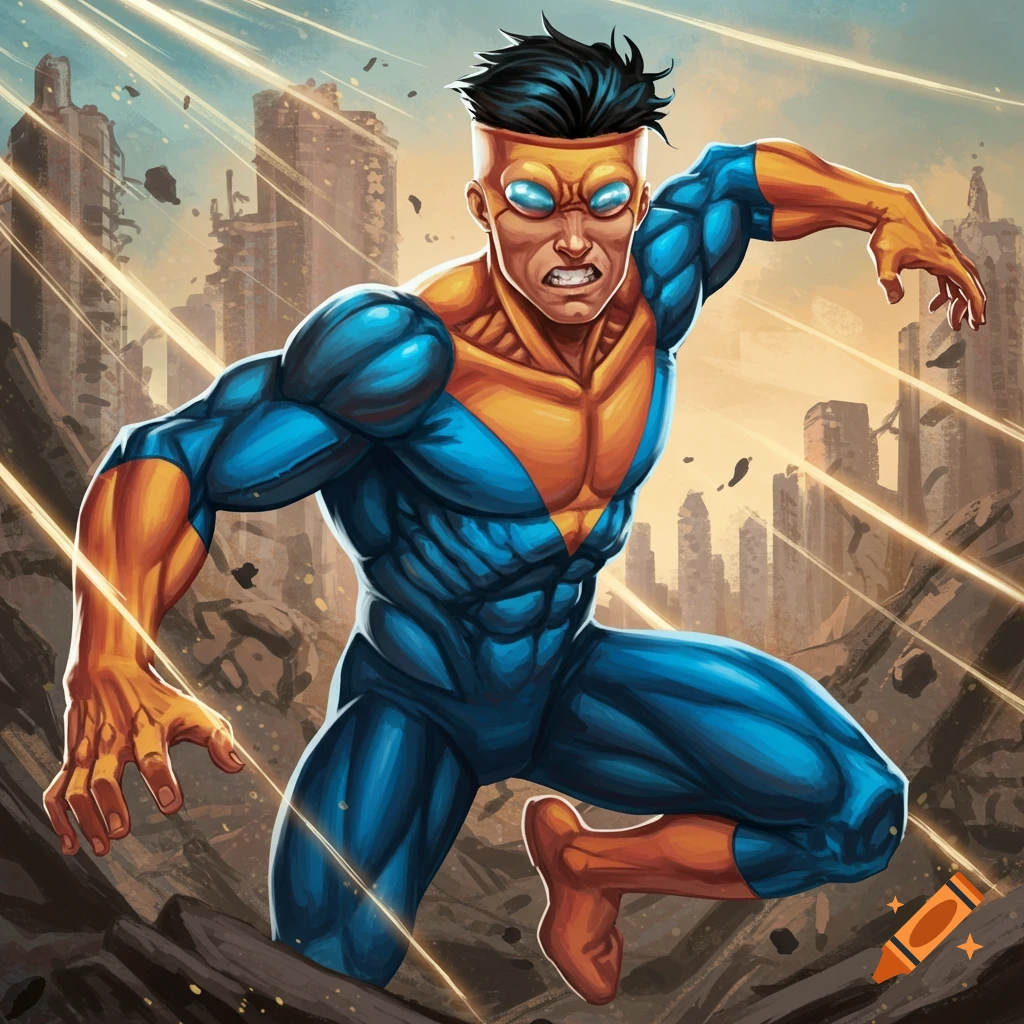 Invincible leaps through a ruined city landscape in a comic art style ...