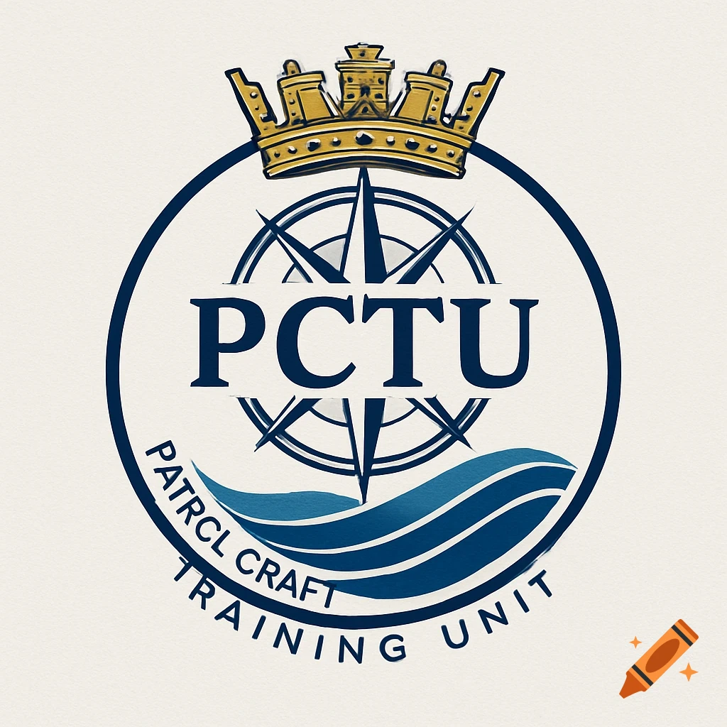 Nautical logo with gold naval crown, compass rose, blue waves, and text 'PCTU PATRCL CRAFT ...