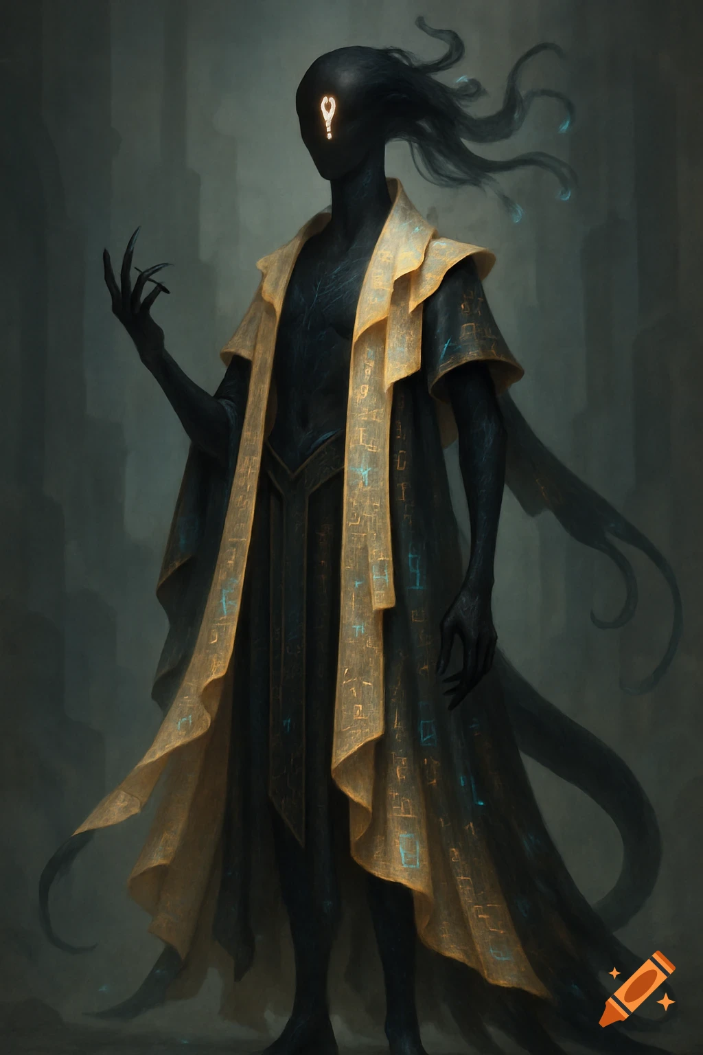 Dark fantasy creature with glowing keyhole eye, wispy hair, and glowing ...