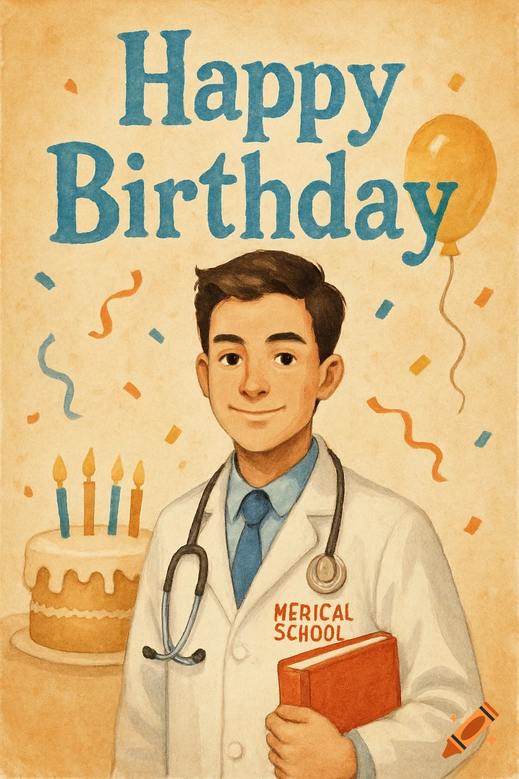 Watercolor illustration of a young man doctor on a birthday card with ...