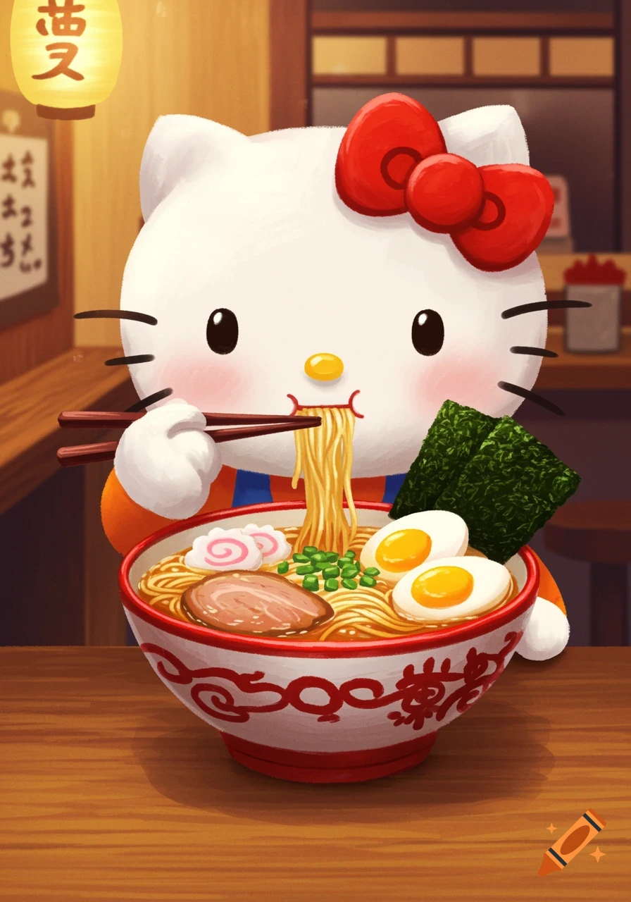 Hello Kitty eating a large bowl of ramen in a restaurant. on Craiyon