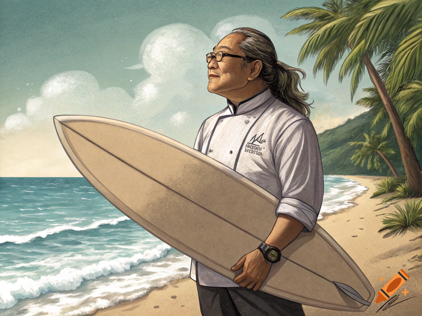 Textured illustration of a chef holding a surfboard on a beach. on Craiyon