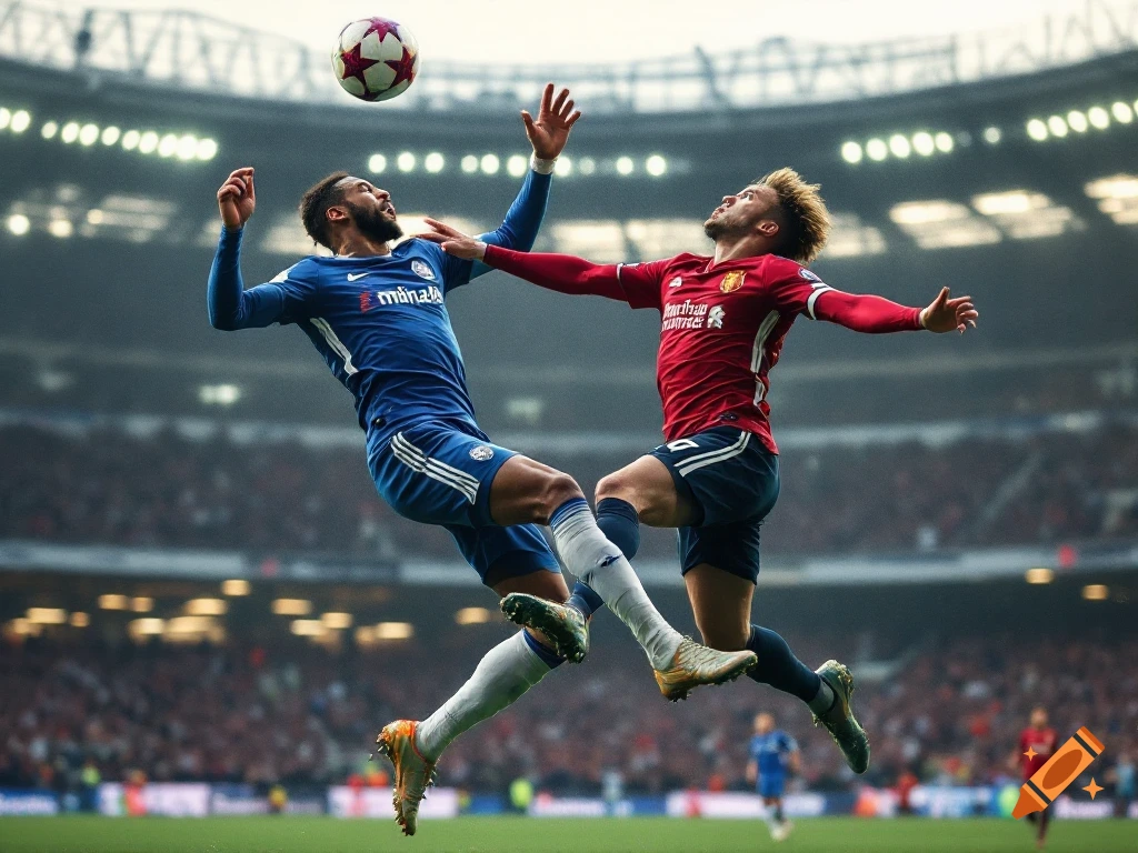 Two soccer players leap into the air to head a football in a crowded ...