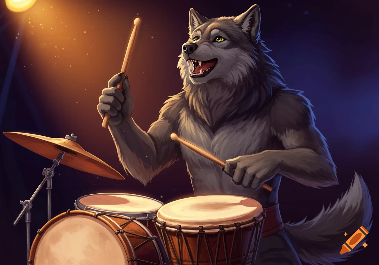 An anthropomorphic wolf character plays drums under a spotlight. on Craiyon