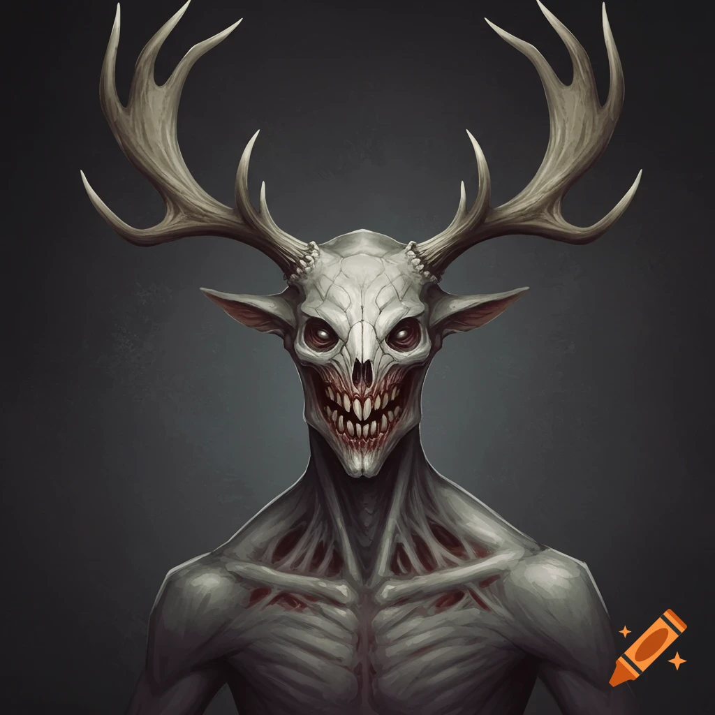 A terrifying skeletal creature with large antlers, a skull face with sharp teeth, and visible ...