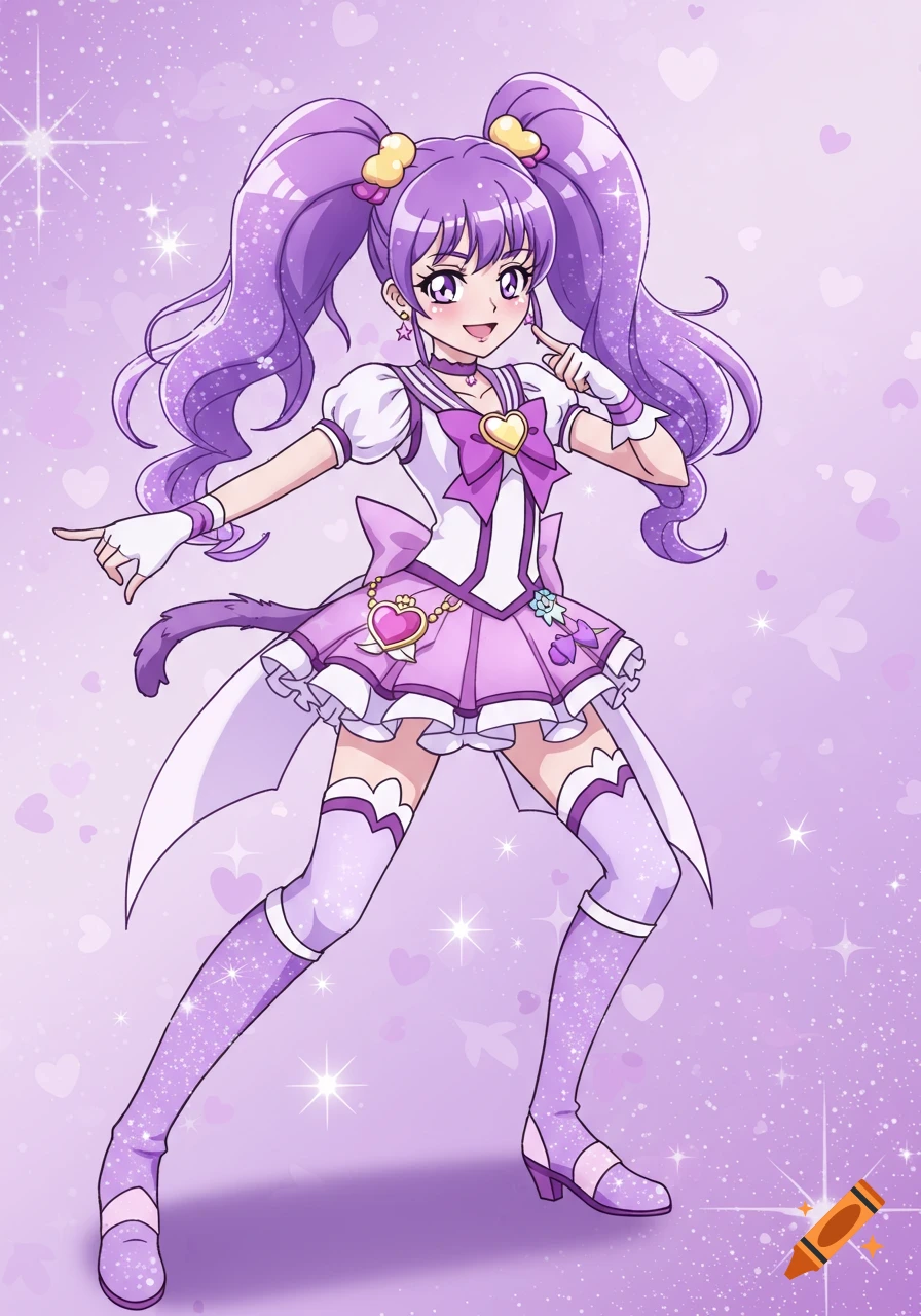 Anime girl in a purple magical girl outfit with pigtails, pointing and ...