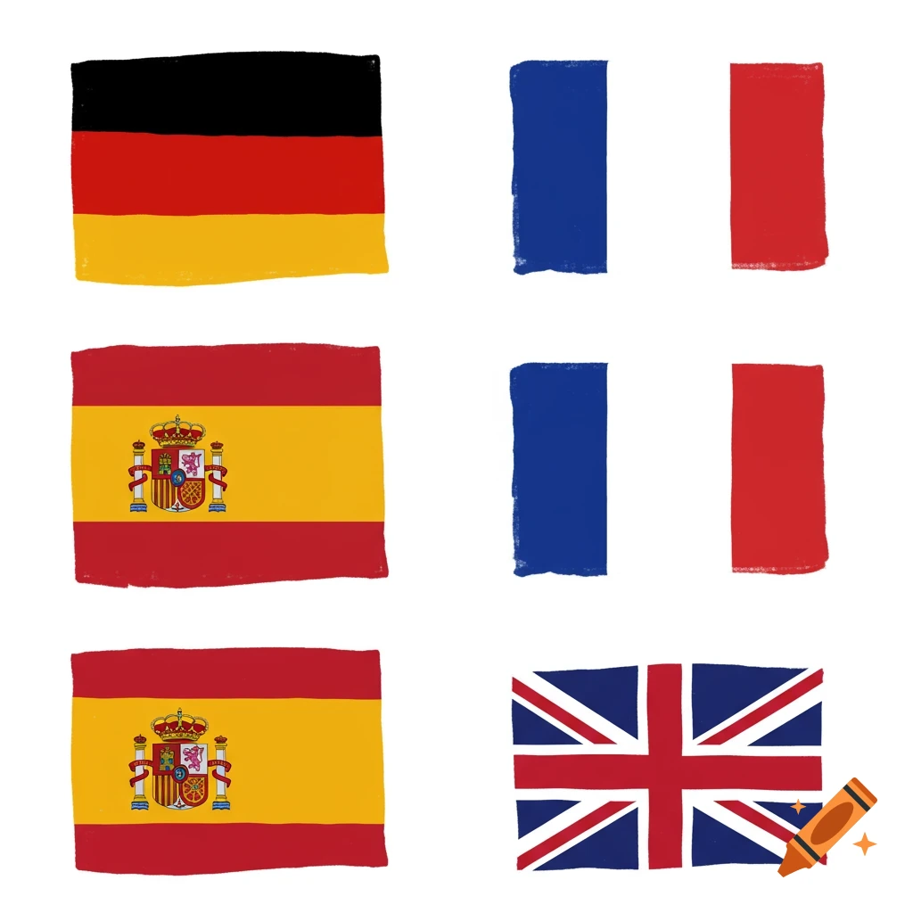Hand-drawn flags of Germany, Spain (x2), France (x2), and the United ...