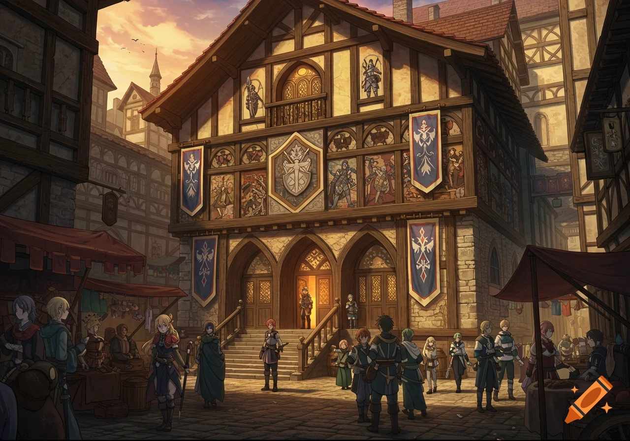 Anime illustration of a guild hall in a medieval city at sunset with ...