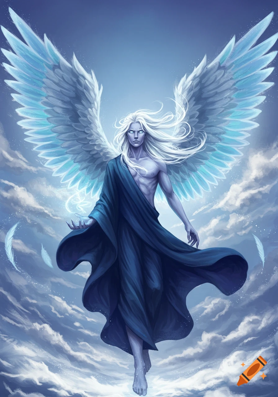 Digital painting of an ethereal figure with large blue wings flying in ...