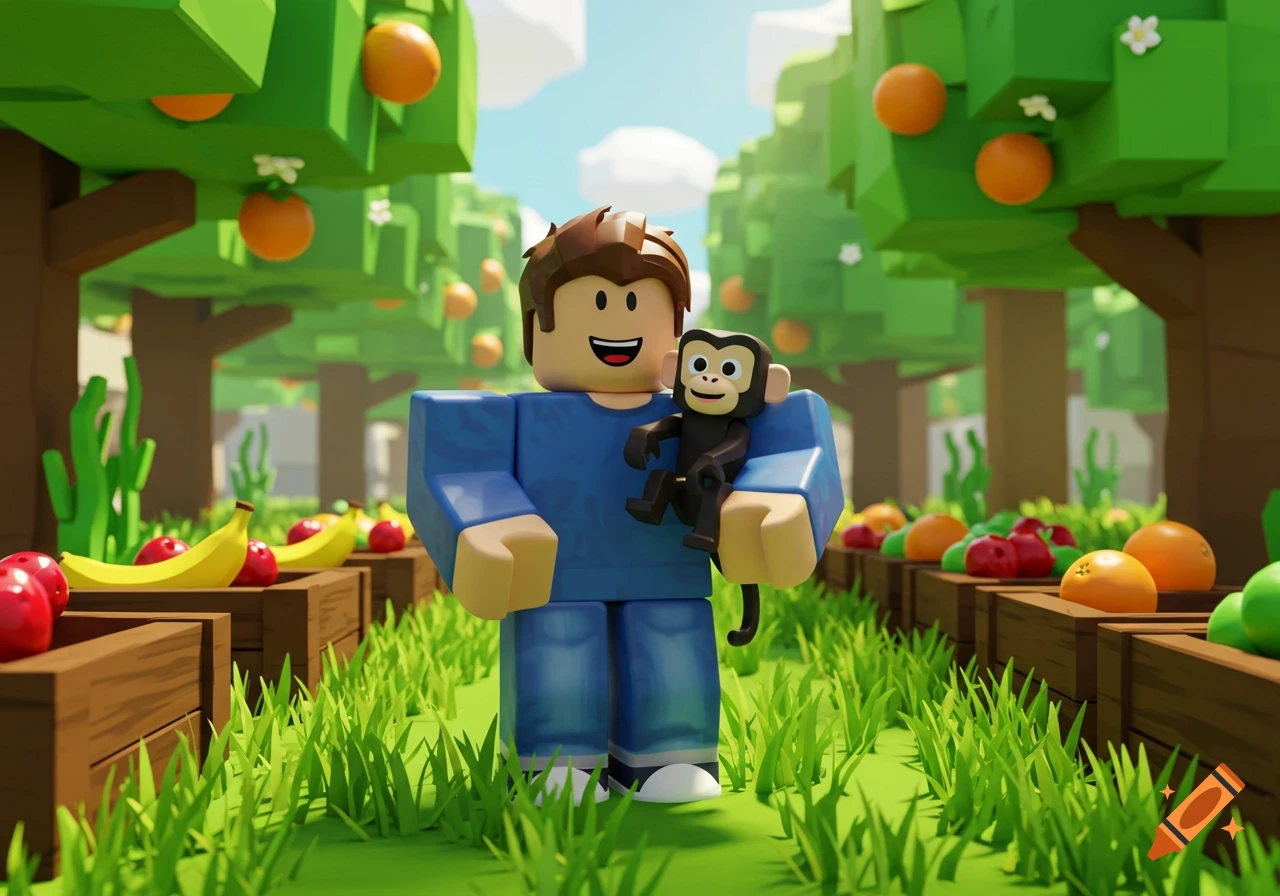 A stylized blocky character holds a toy monkey in a lush garden filled ...