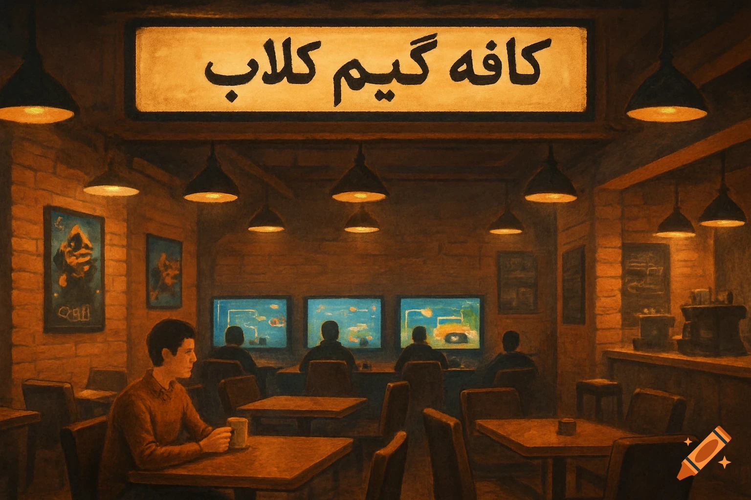 An artistic painting of a dimly lit cafe interior with a sign overhead ...