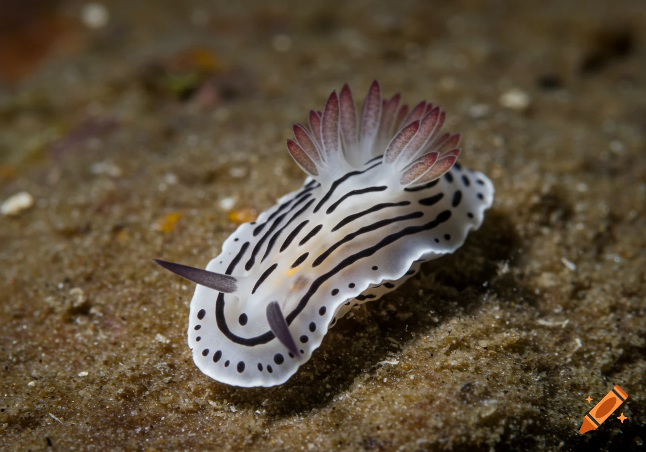 A white sea slug with black stripes and red-tipped gills on sand. on ...