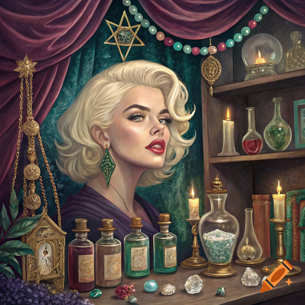 Portrait of a woman in a magical apothecary with bottles, crystals, and ...