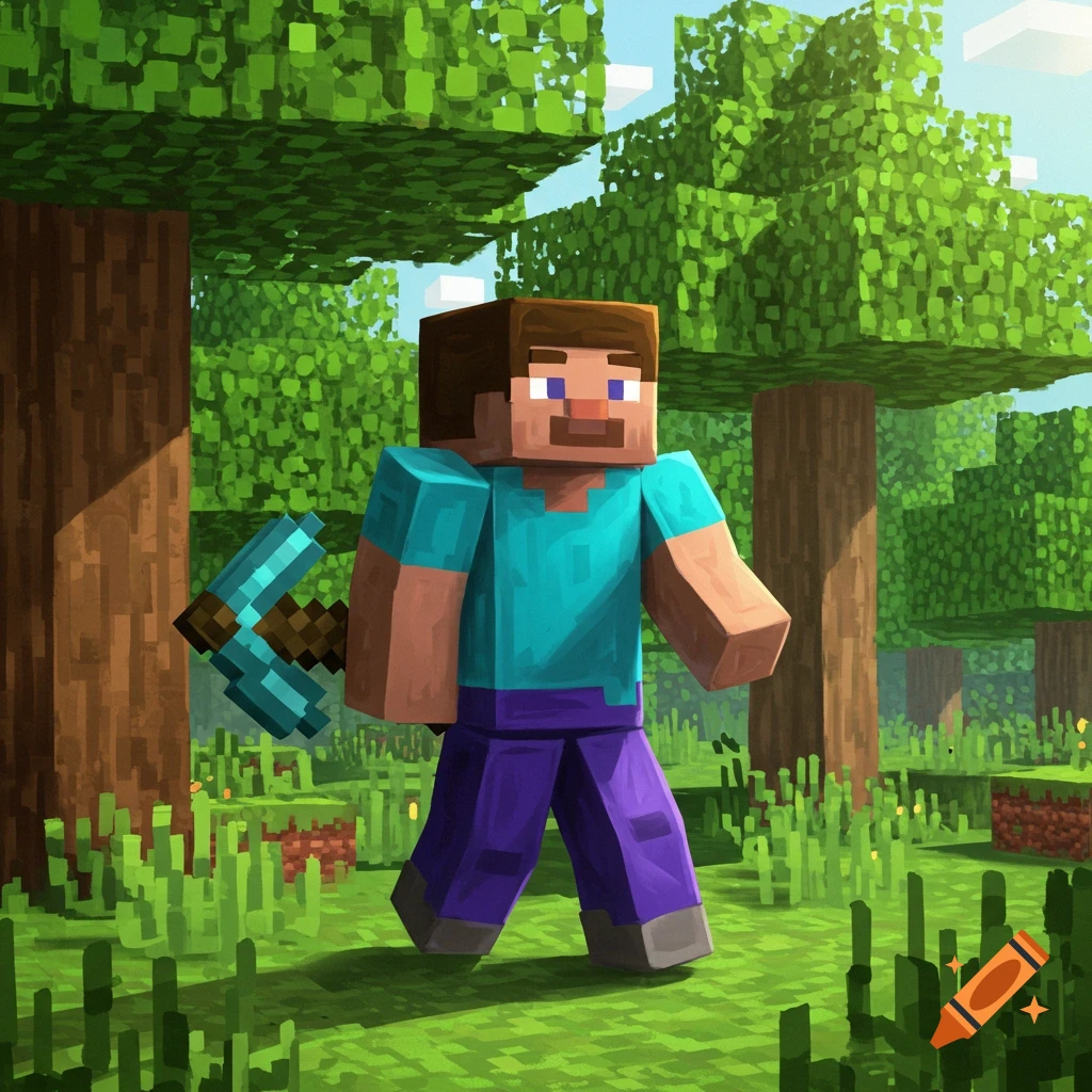 A blocky Minecraft character (Steve) holds a diamond pickaxe in a ...