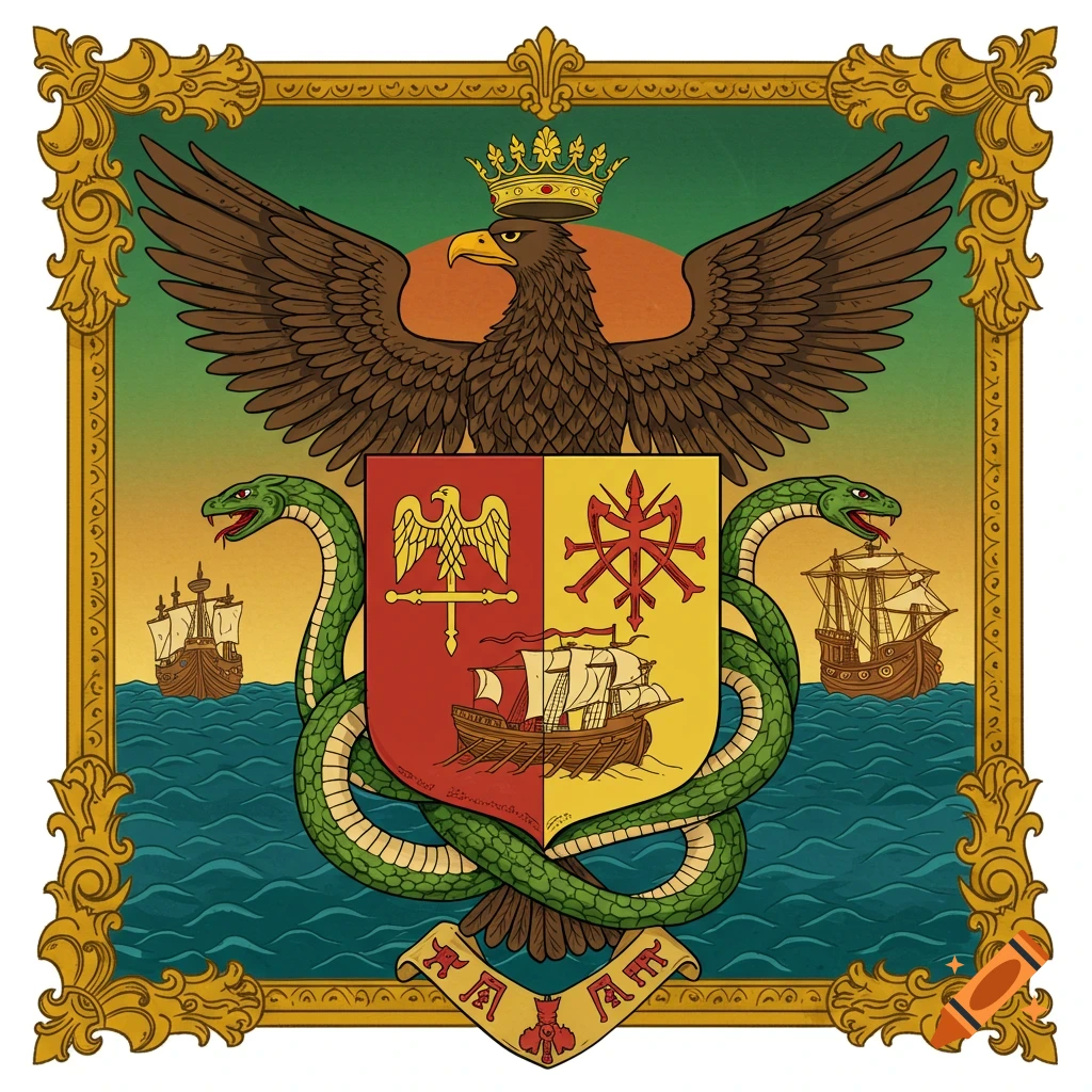 Illustrated coat of arms with an eagle, a shield held by two snakes ...