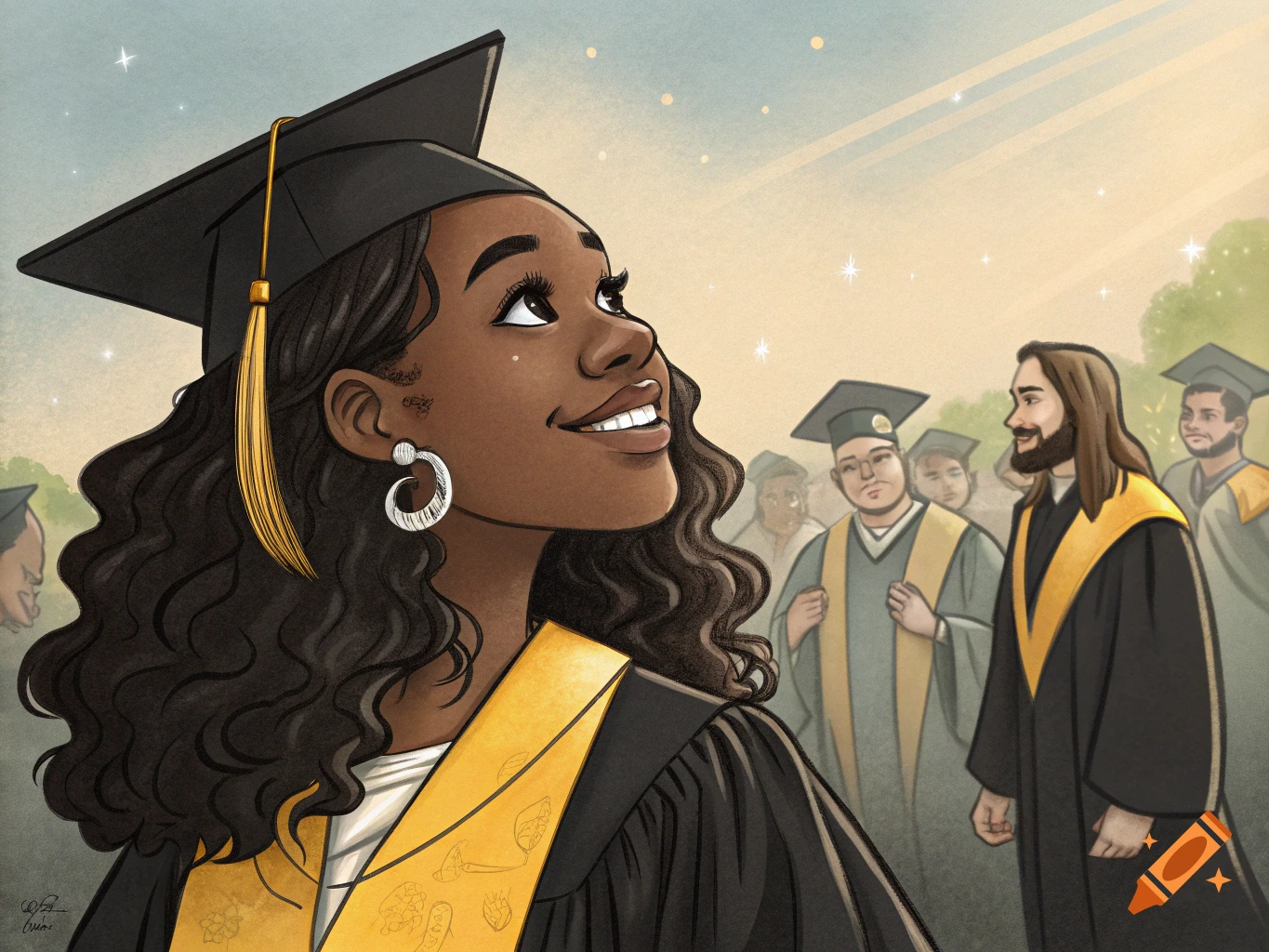 Cartoon illustration of a diverse group graduating, with a young Black ...
