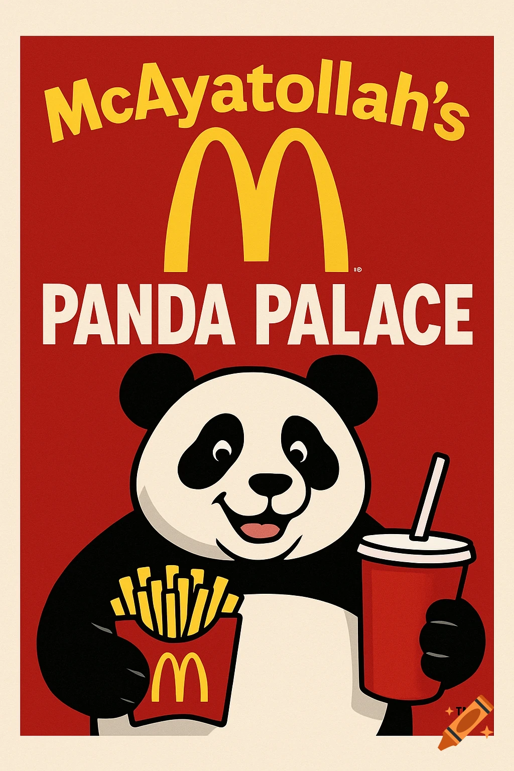 Cartoon panda holding fries and a drink, like a fast food poster with ...