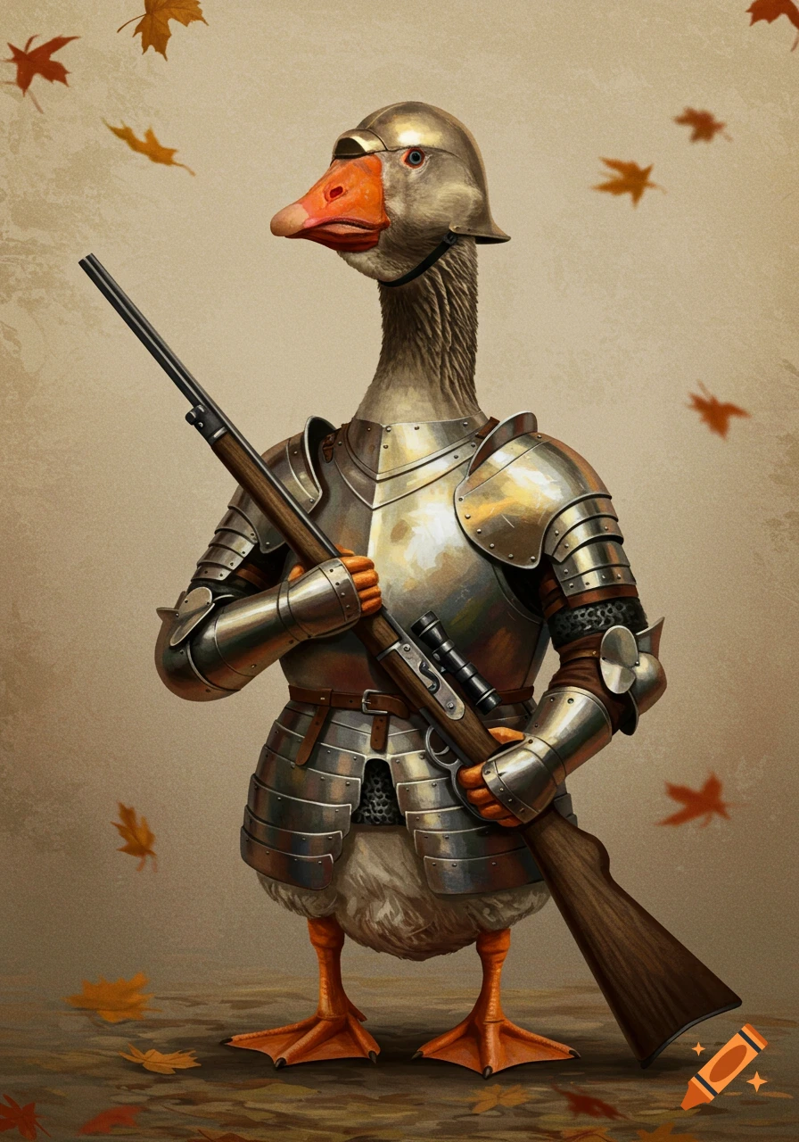 A goose wearing shiny armor and a helmet holds a rifle as autumn leaves ...