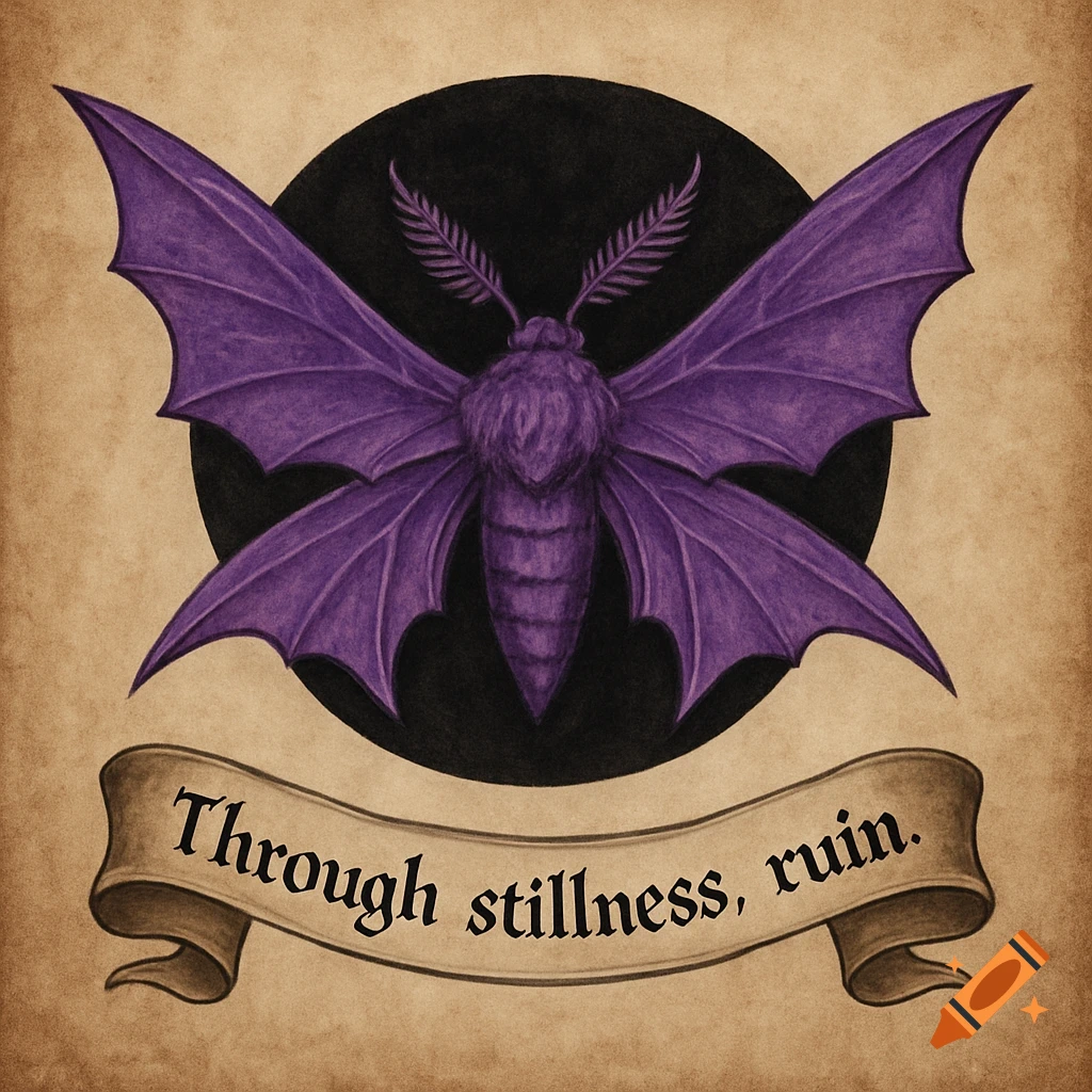 Violet moth with bat-like wings over a black circle, with a banner ...