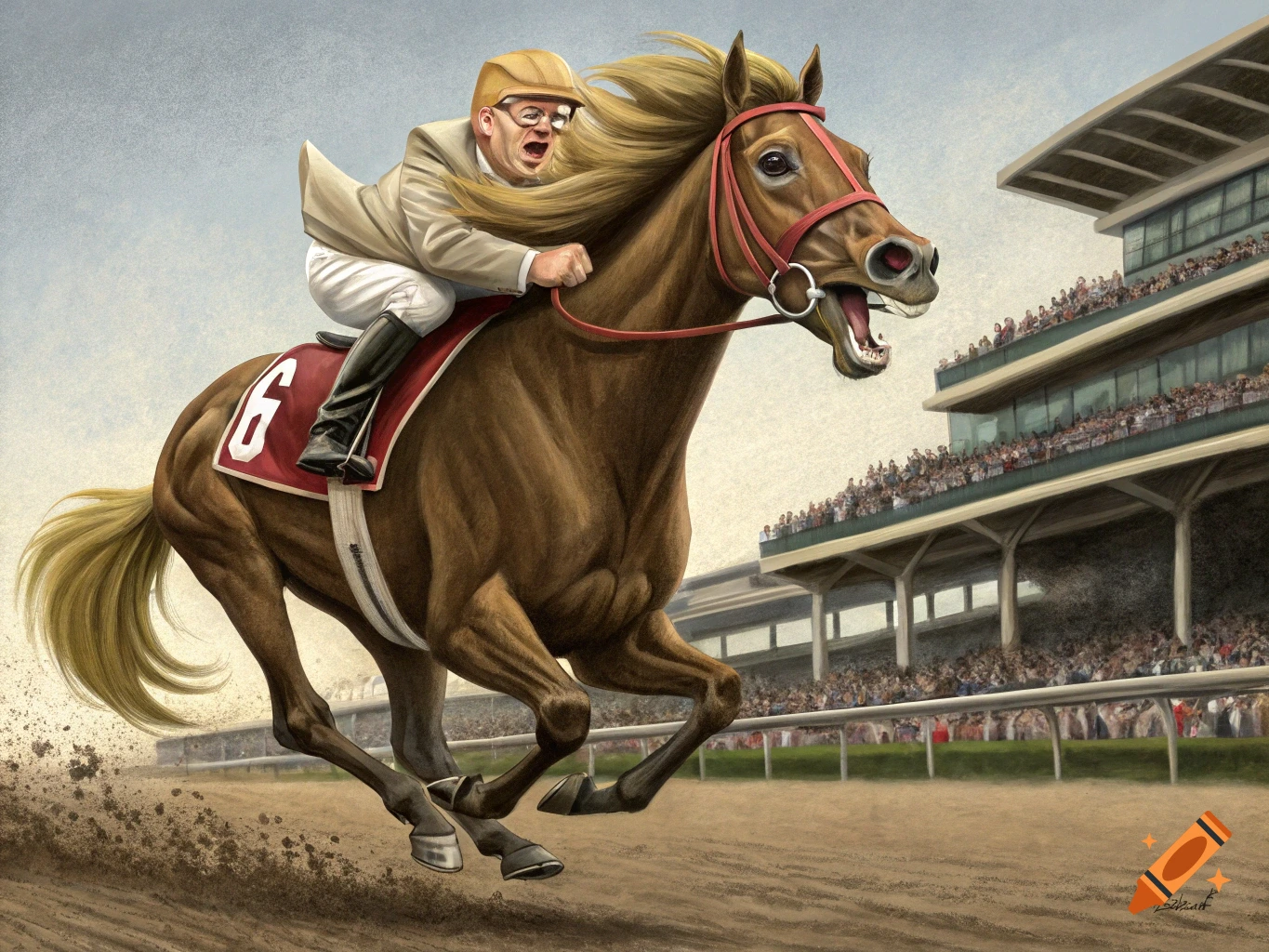 Illustration of a jockey with Donald Trump's head riding a racehorse ...