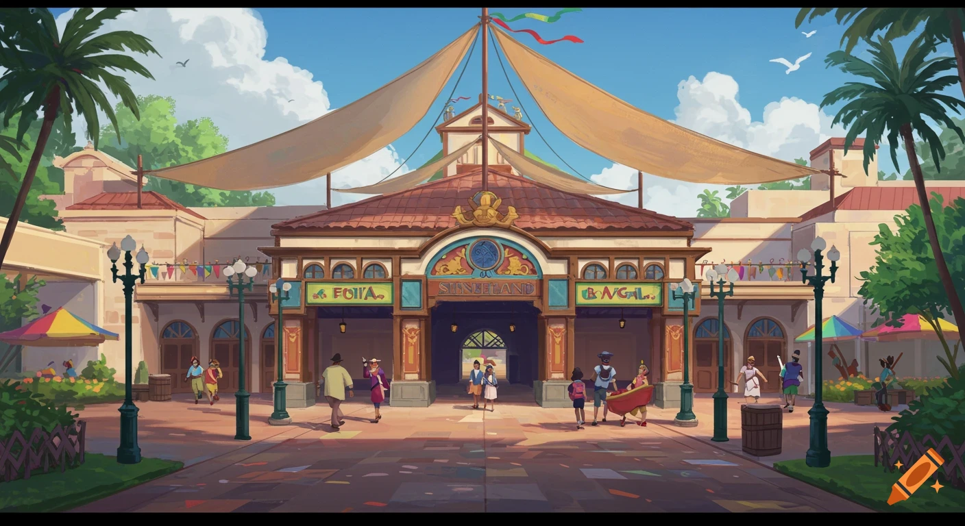 A colorful theme park entrance plaza with palm trees, banners, and ...