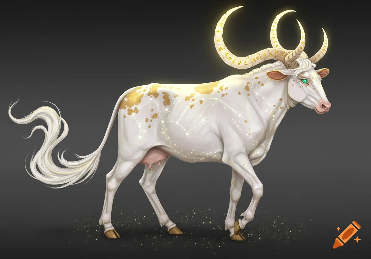 A white fantasy cow with constellation spots and glowing, runed horns ...