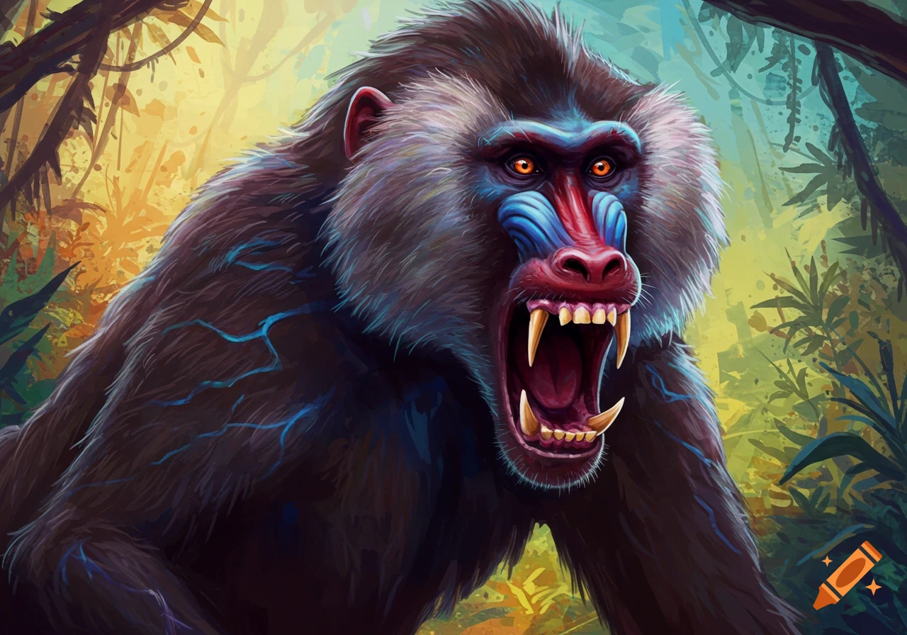 Stylized illustration of a snarling baboon with red eyes and blue face ...