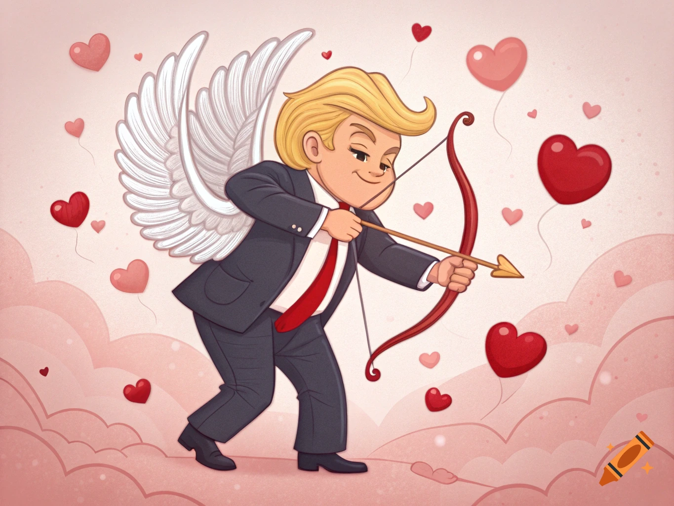 Cartoon caricature of Donald Trump as Cupid flying among hearts and ...