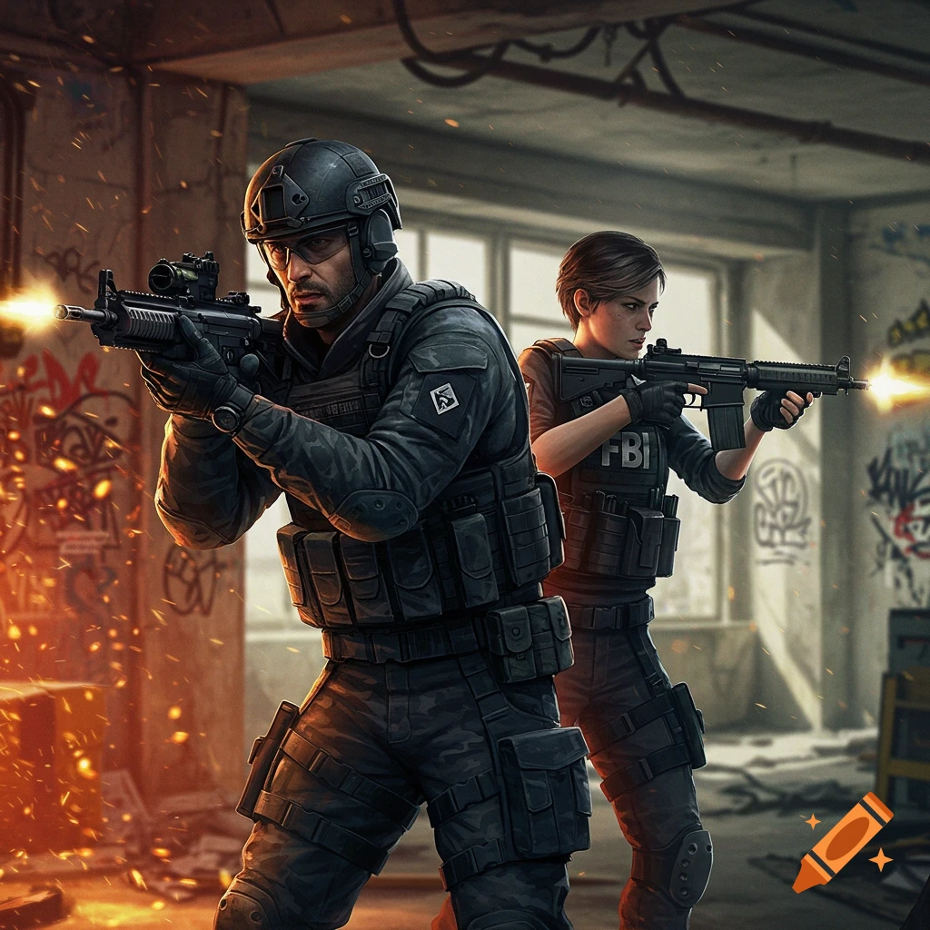 Two tactical operators in gear engage in a firefight in a ruined ...