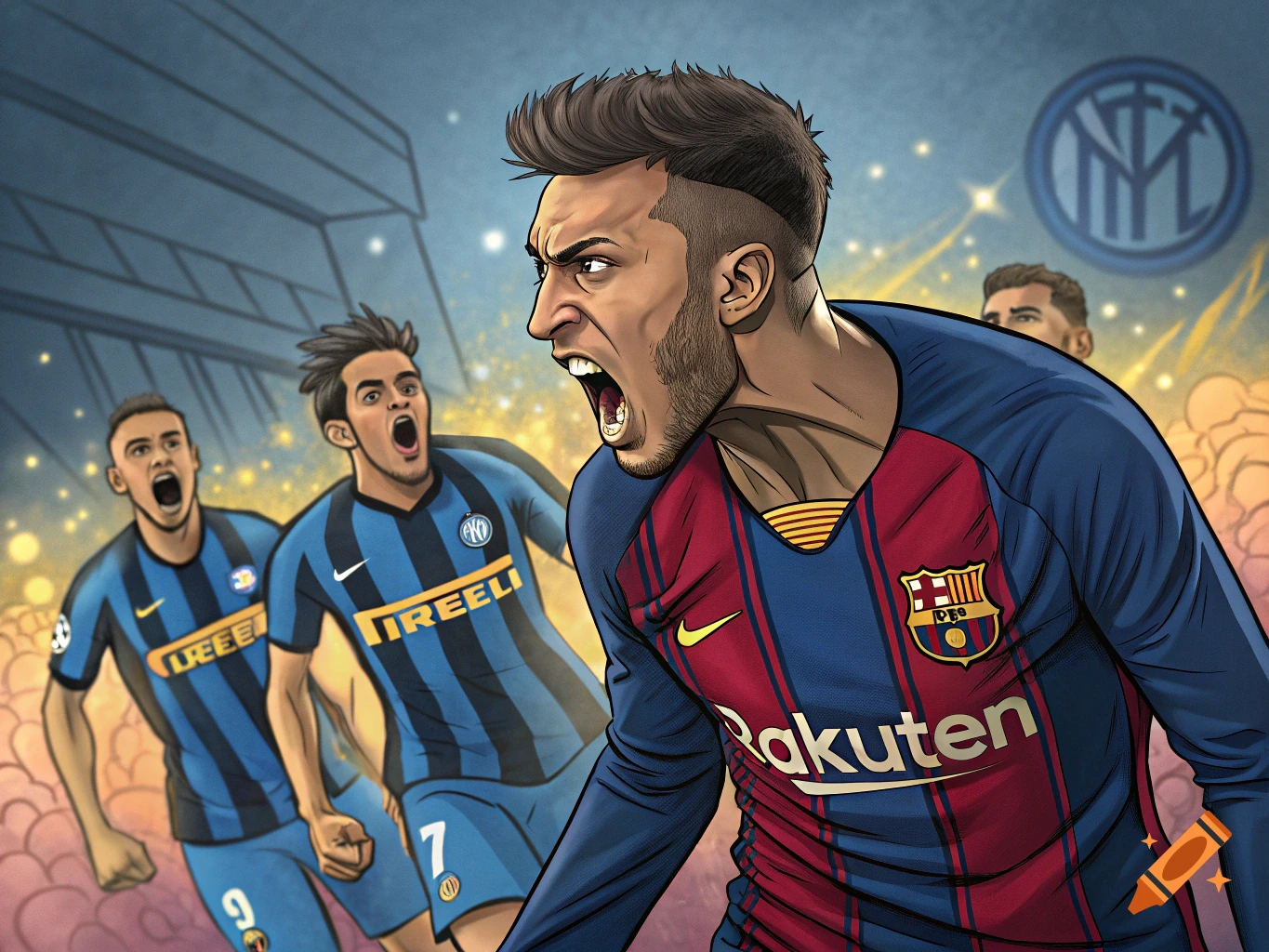 Cartoon illustration of a Barcelona football player shouting ...