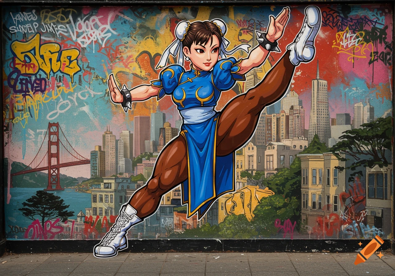 Chun-Li from Street Fighter doing a high kick on a graffiti mural ...