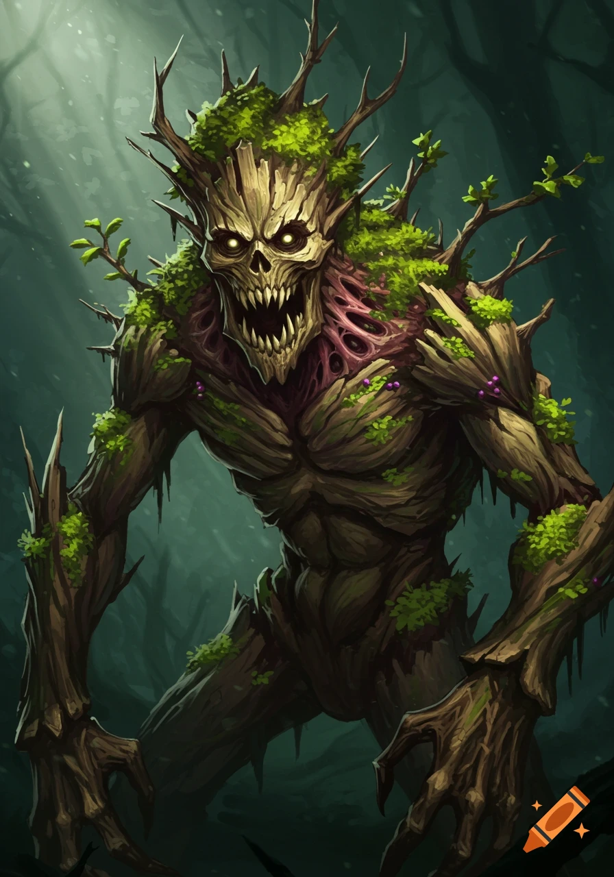 A creepy tree monster with glowing eyes stands in a dark forest. on Craiyon