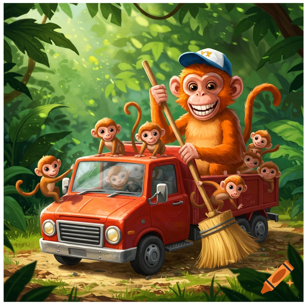 Cartoon monkeys on a red pickup truck in a jungle. One large monkey ...