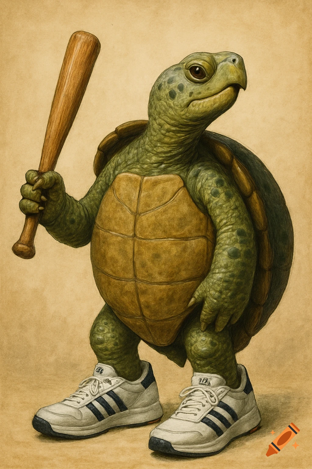 An illustrated turtle stands holding a baseball bat and wearing ...