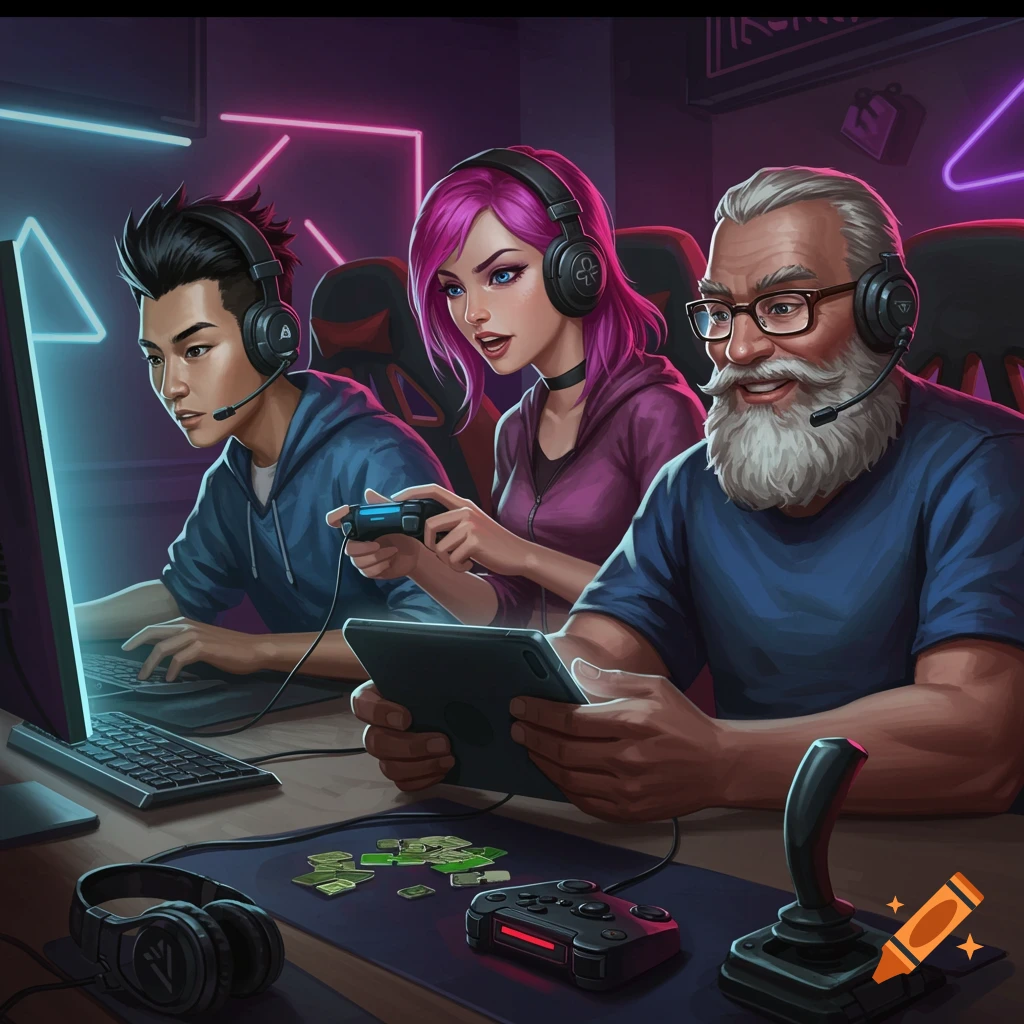 Illustrated image of three diverse people playing video games with ...