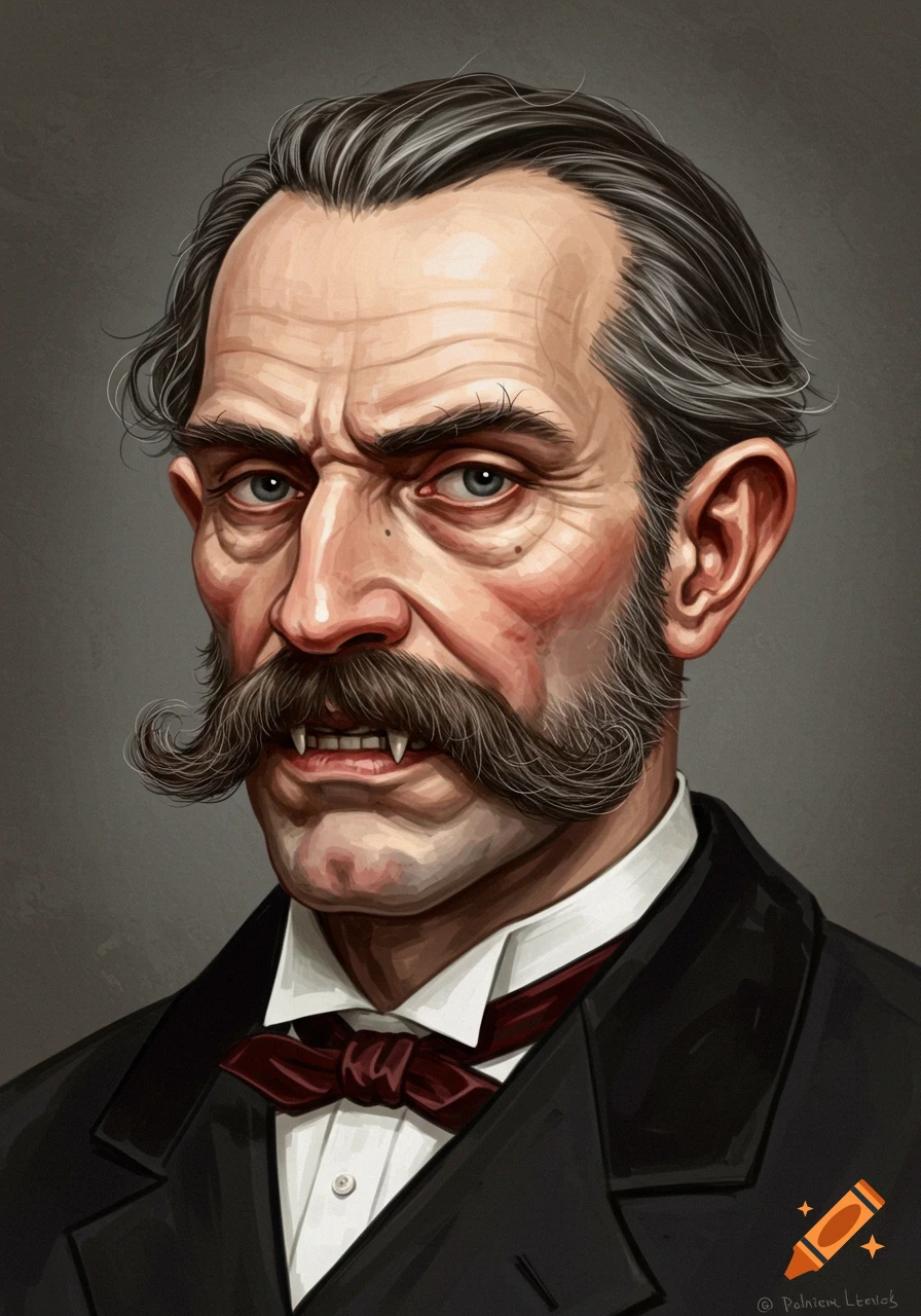 Illustration of a man with a mustache and fangs wearing a suit and ...