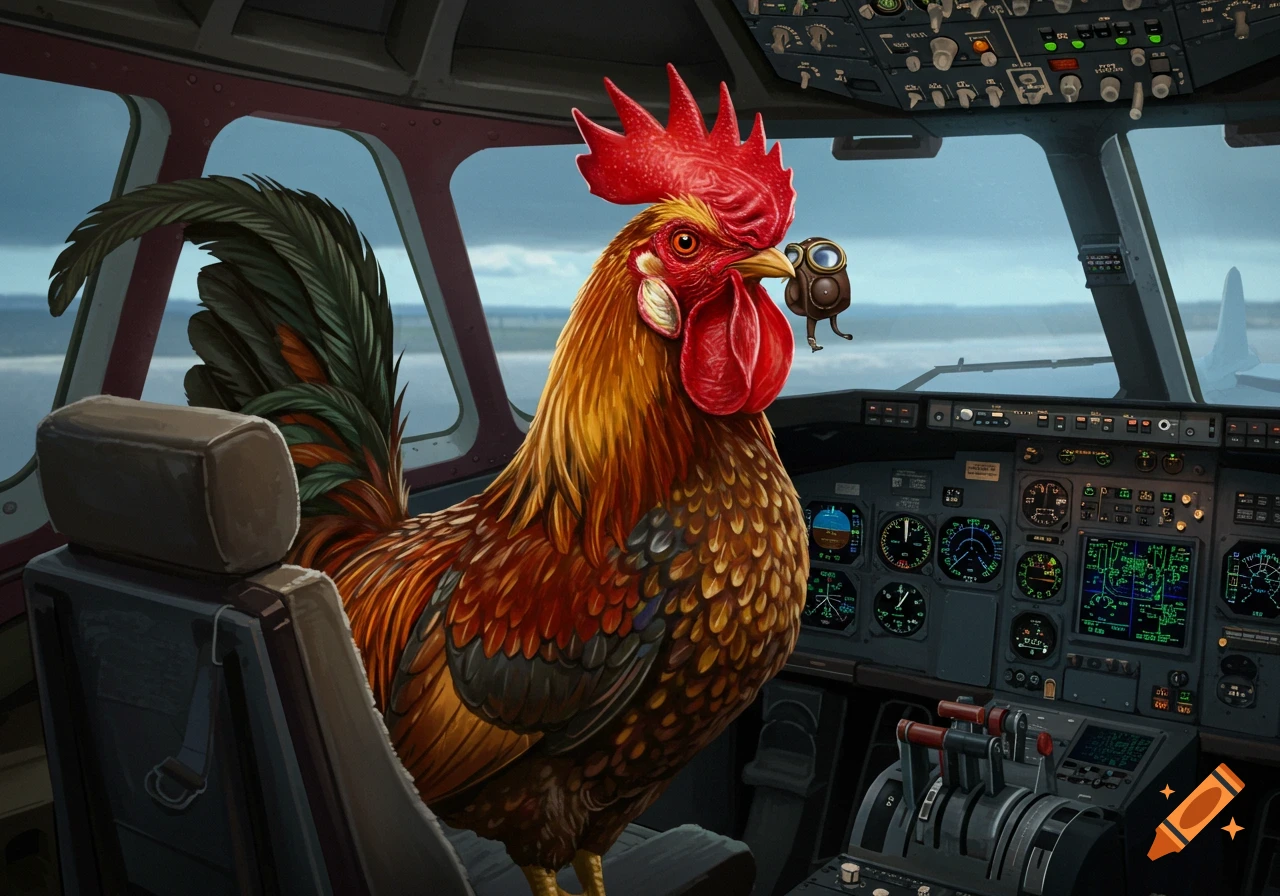 A detailed illustration of a rooster sitting in an airplane cockpit ...